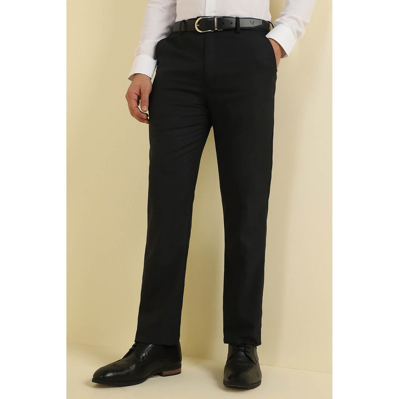 Buy Allen Solly Men Black Slim Fit Textured Formal Trousers Online