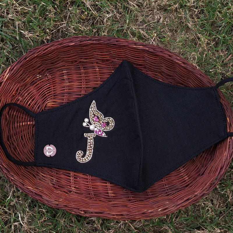 Buy Diya Aswani Black Personalised Mask Letter J With Butterfly Online