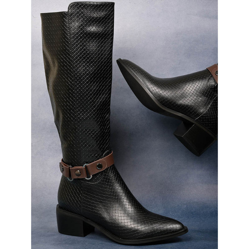 Buy Ronnie Grey Women Black Woven Design High-Top Boots Online