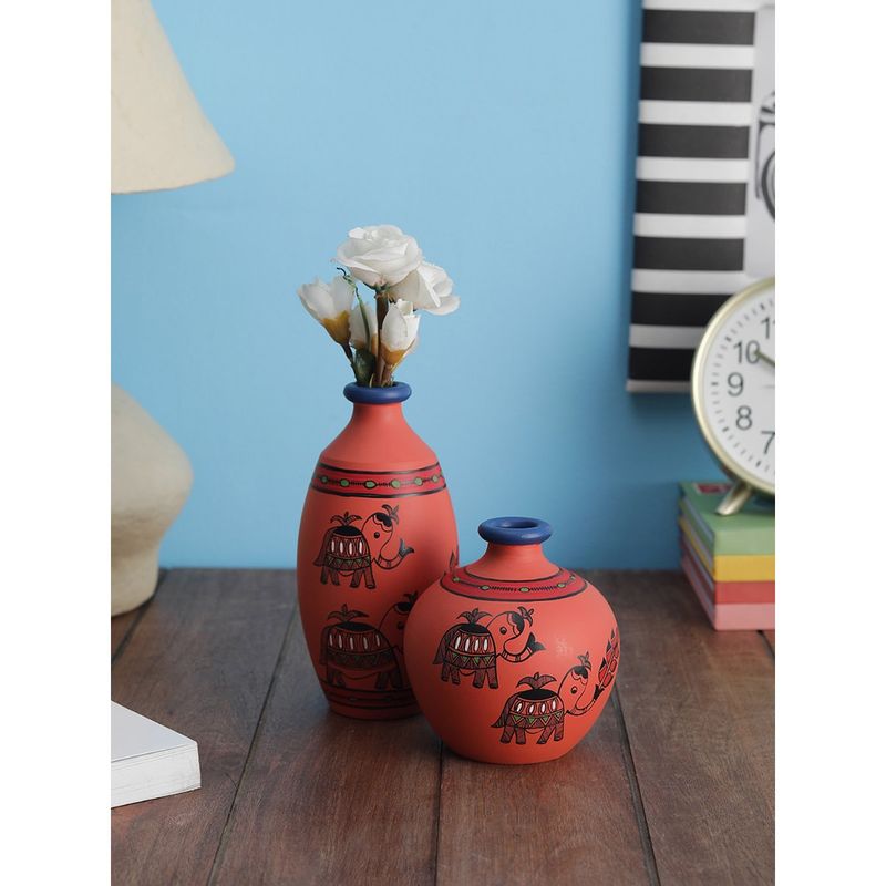 Buy VarEesha Hand Painted Madhubani Coral Small Terracotta Pots Set of 2 Earthen Vases Set Online