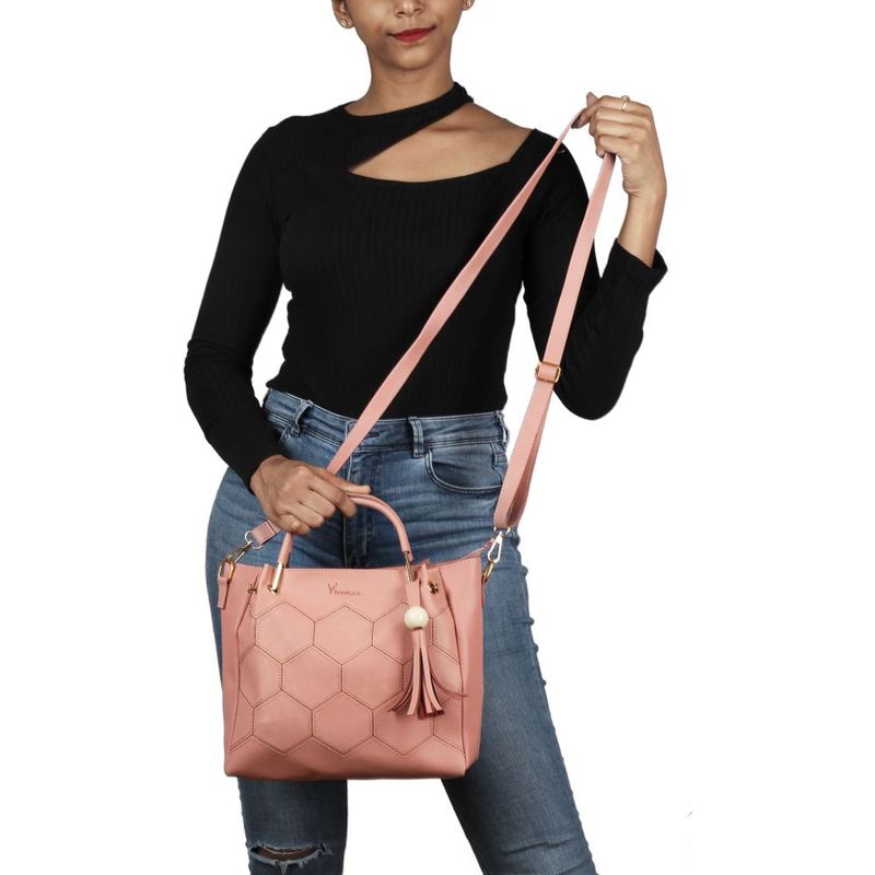 Buy Vivinkaa Faux leather embroidery handle pink round sling bag Online