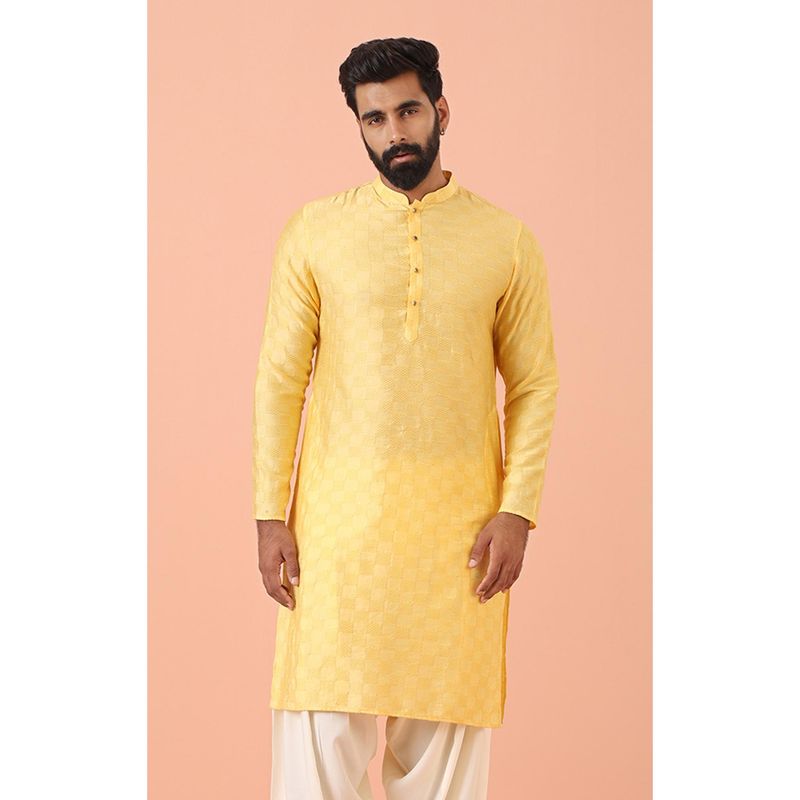 Buy KISAH Mens Yellow Blended Self Design Kurta Online