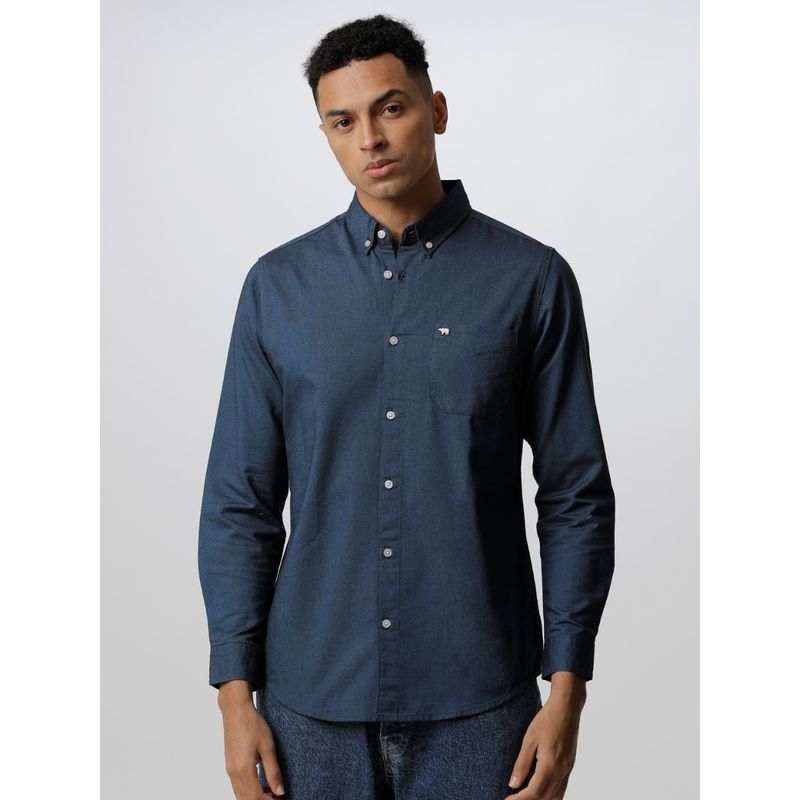 THE BEAR HOUSE Men Navy Blue Solid Slim Fit Cotton Casual Shirt: Buy ...