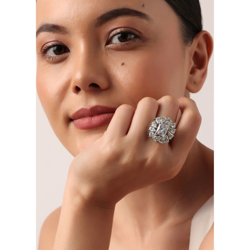 Buy KALKI FASHION Silver Finish Ring With Emerald Cut Stones In Floral Motif Online