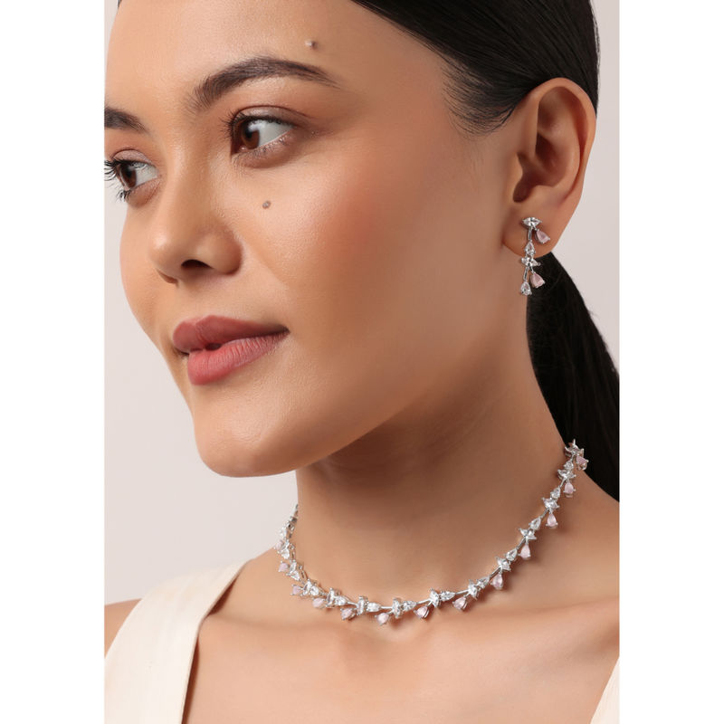 Buy KALKI FASHION Pink And Silver Necklace Set With Zircon Stones Online