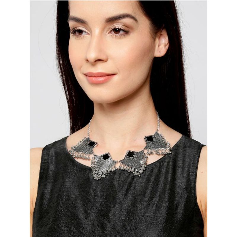 Buy Infuzze Oxidised Silver-Toned & Black Textured Necklace Online