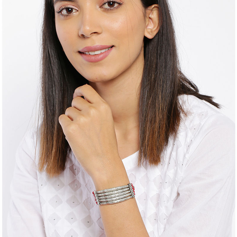 Buy Toniq Silver Toned Maroon Bar Bracelet Online