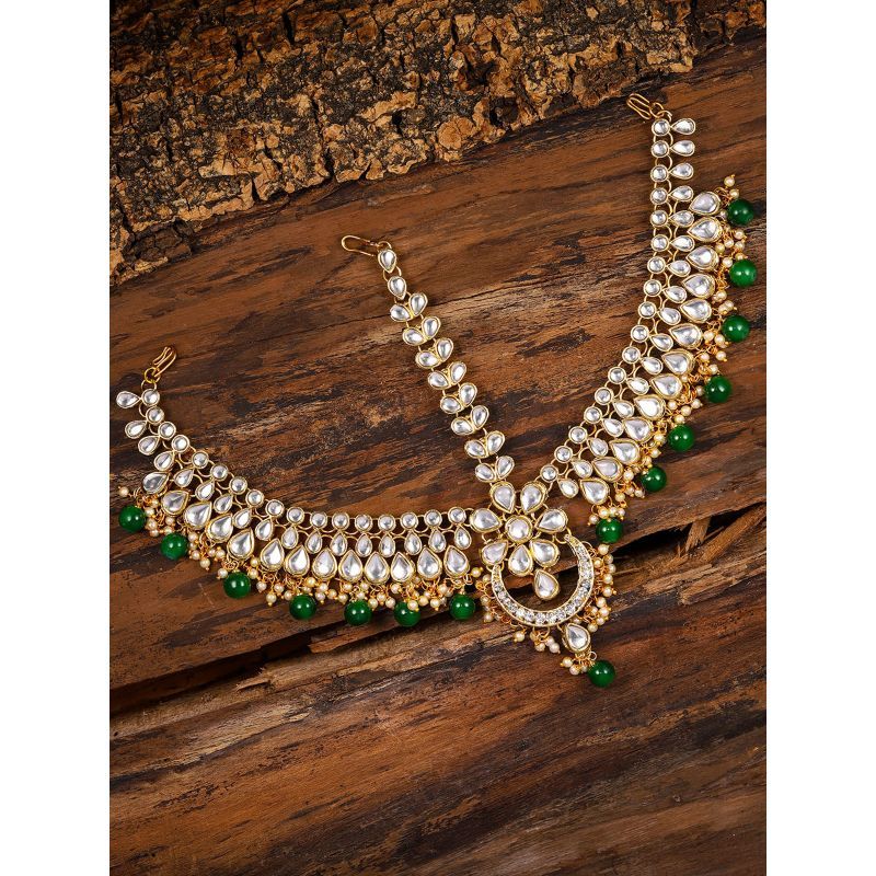 Buy Zaveri Pearls Kundan & Green Beads Bridal Matha Patti Style Maang ...