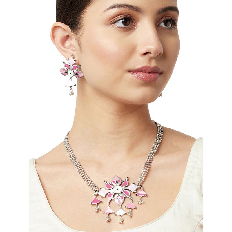 Buy Voylla Festive Hues Pink Enamelled Beaded Silver Toned Jewellery ...