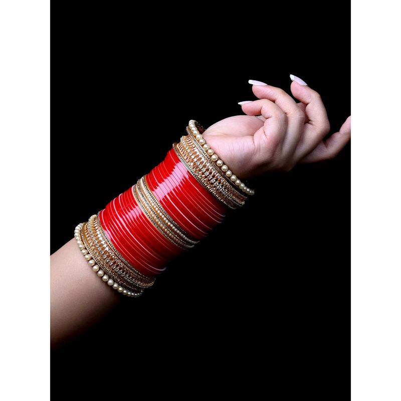 Buy AG'S Red Bangles With Pearl Bangles & American Diamond Kada (2.6 ...