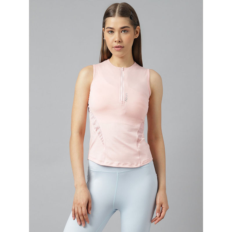 Buy Fitkin Women Pink Front Zipper Sleeveless Zig-Zag Detail Top Online
