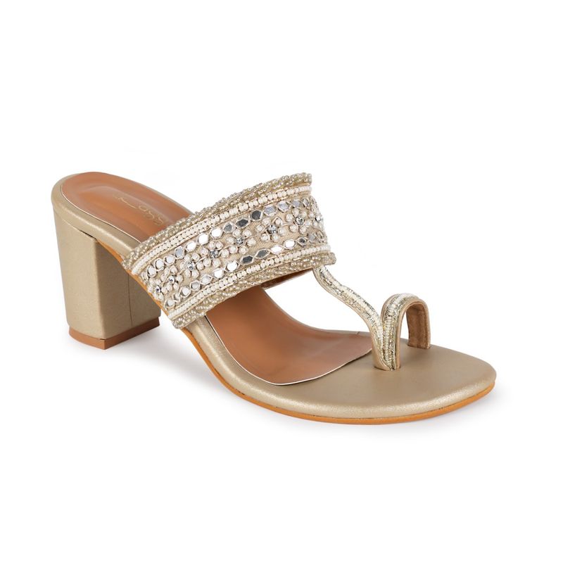 Buy EK_agga Women Embellished Kolhapuri Gold Sandal Heels Online