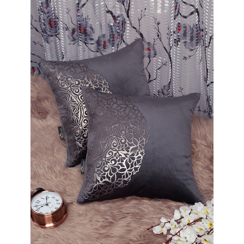 Buy HOSTA HOMES Grey and Silver Toned Set of 2 Geometric Velvet Square ...