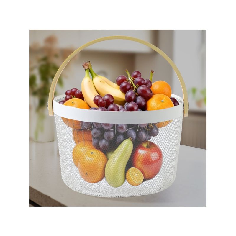 Buy UMAI Round Metal Mesh Basket with Wooden Handle Multipurpose White ...
