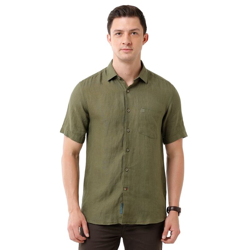 Buy Linen Club Men's Pure Linen Green Chambray Regular Fit Half Sleeve Casual Shirt Online