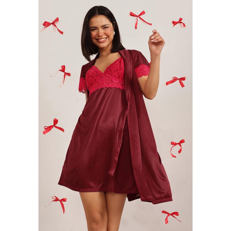 Buy Clovia Short Night Dress & Robe In Maroon Satin (Set of 2) Online