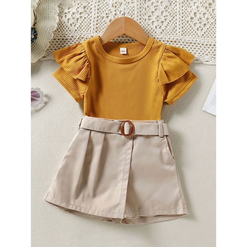 Buy Hopscotch Girls Mustard and Beige Solid Top with Short and Belt (9 ...