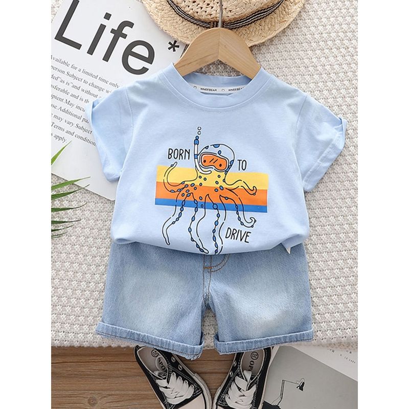 Buy Hopscotch Boys Blue Octopus Print T-Shirt & Shorts Set Online