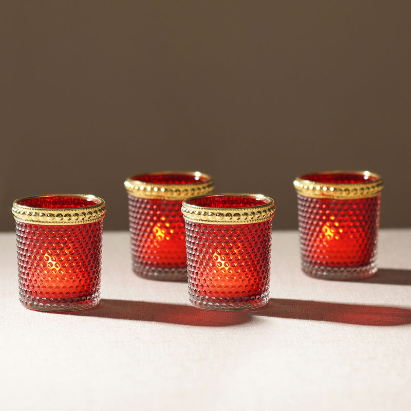 Buy Pure Home + Living Set of 4 Red Dotted Votives with Rim Online