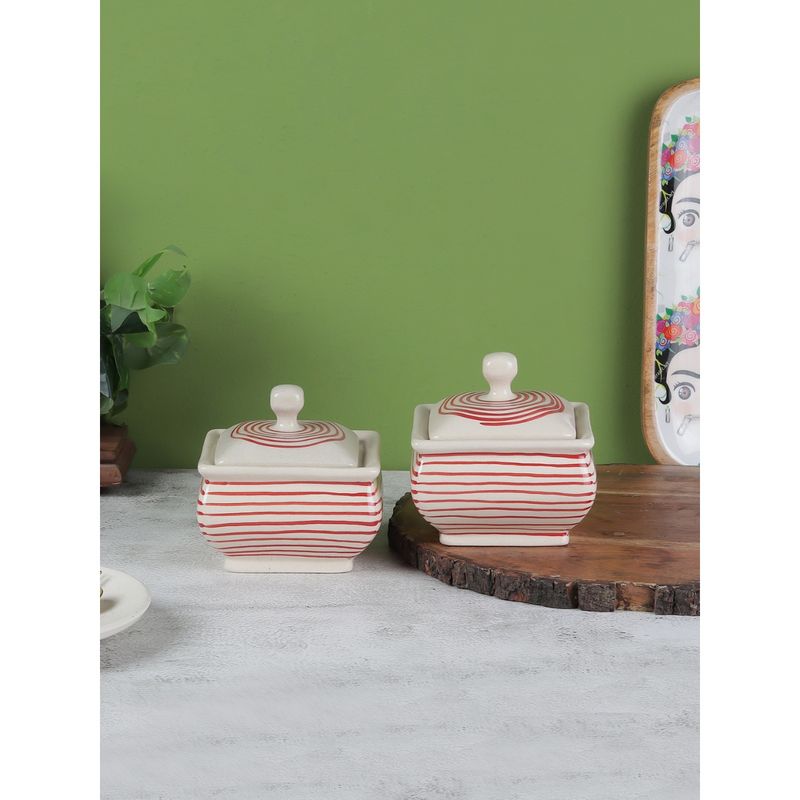 Buy VarEesha Parikrama Red Spiral Square Ceramic Bowls With Lids - Set of 2 - Small Online