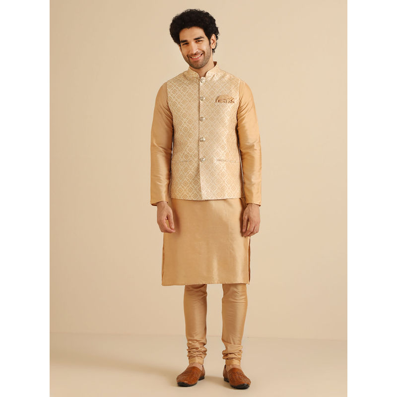Buy KISAH Men Gold Kurta and Nehru Jacket with Churidar (Set of 3) Online