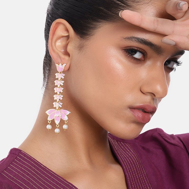 Buy Estele Gold Plated Pink Enamel Lotus Pearl Drop Dangler Earrings ...
