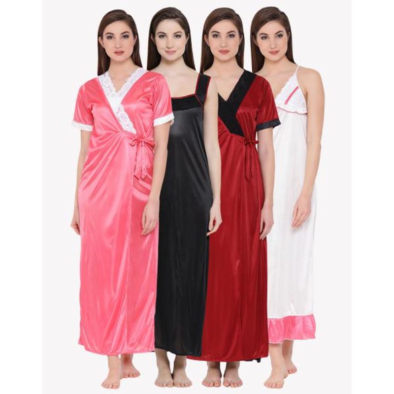 Buy Clovia Pack of 2 Satin Long Nighty and Robe - Multi-Color Online