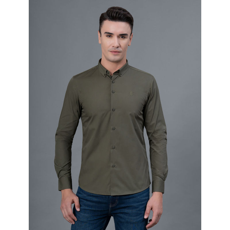 Buy Red Tape Men Olive Solid Cotton Polyester Formal Shirt Online