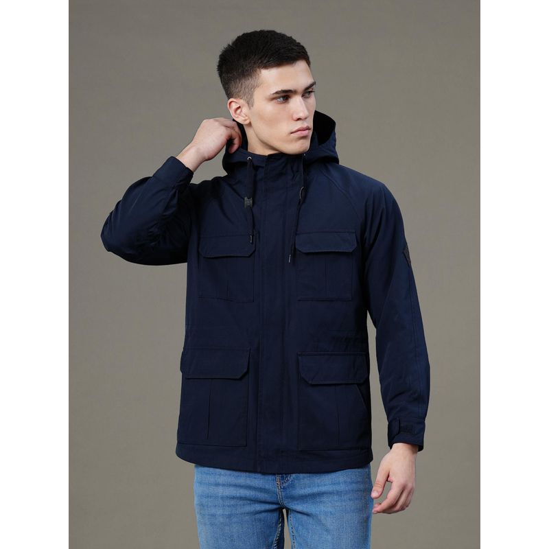 Buy Red Tape Men's Navy Solid Poly Cotton Hooded Jacket Online