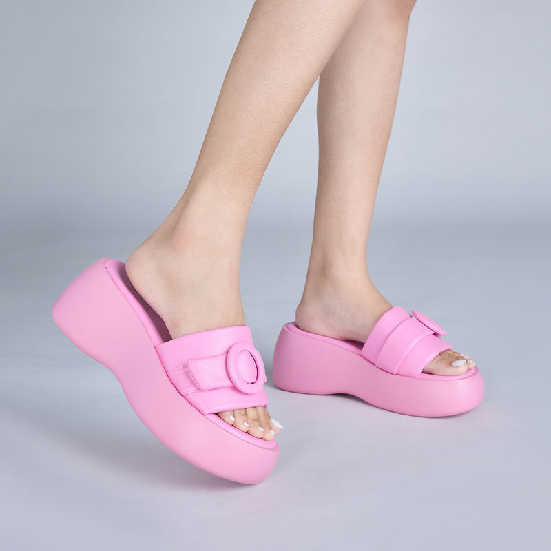 MIXT by Nykaa Fashion Bubblegum Pink Buckle Round Toe Solid Flatforms ...
