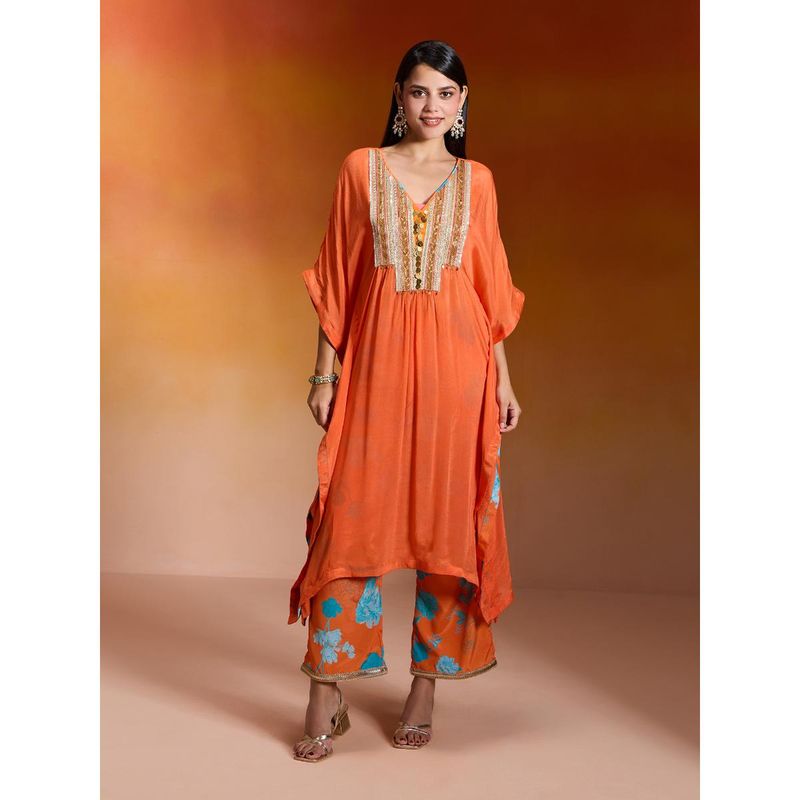 Buy Gajra Gang Orange Chinon Embellished Kaftan and Printed Pant ...