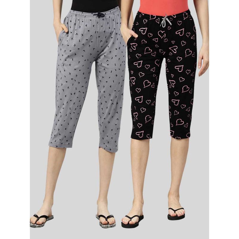 Buy Kryptic Women Grey & Black Printed Regular Fit Cotton Capris (Pack ...