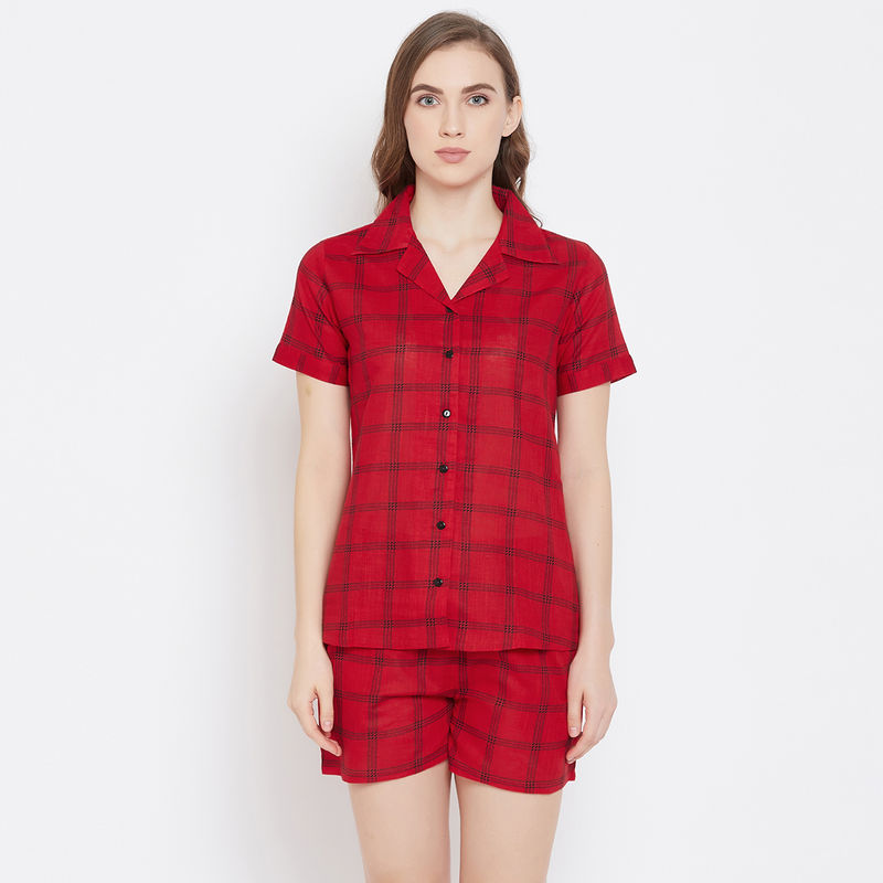 Buy Clovia Classy Checks Top & Shorts in Red- 100% Cotton Online