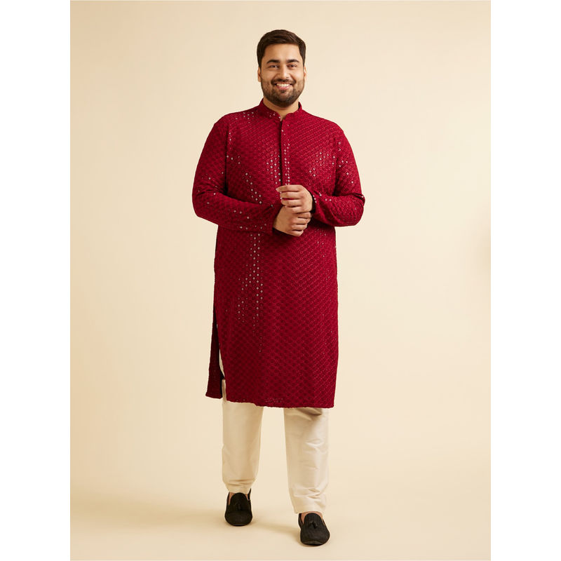 Buy Manyavar Red Embroidered Sequin Work Kurta with Churidar (Set of 2 ...