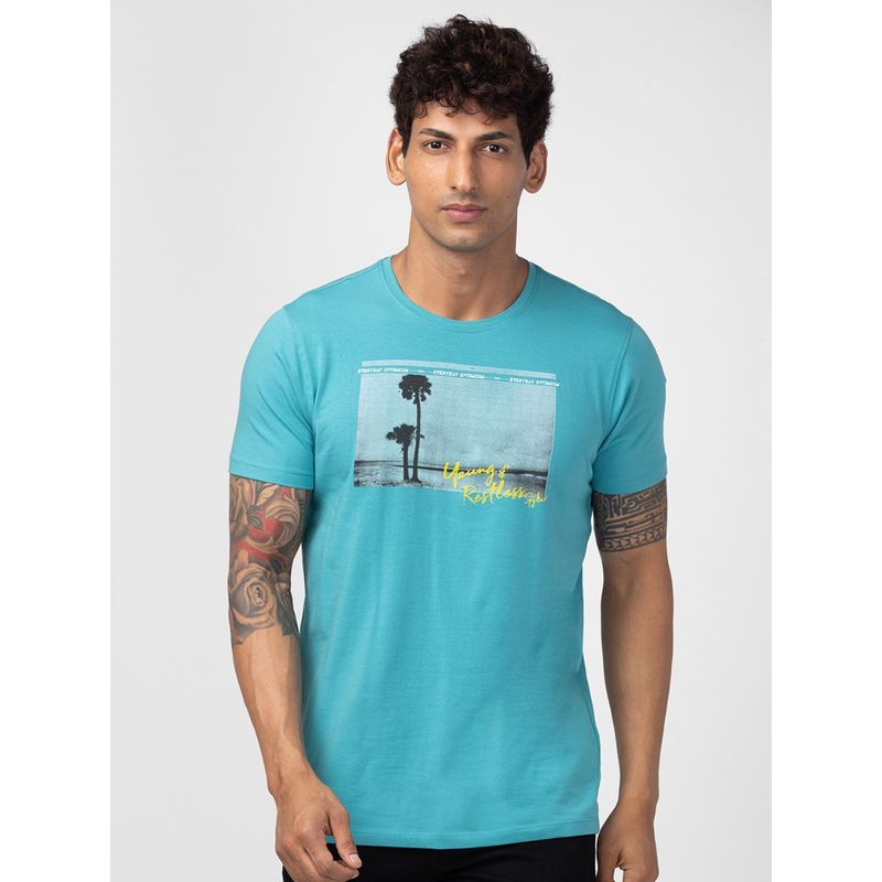 Buy Spykar Turquoise Blue Round Neck Half Sleeves Blended T-Shirt For ...