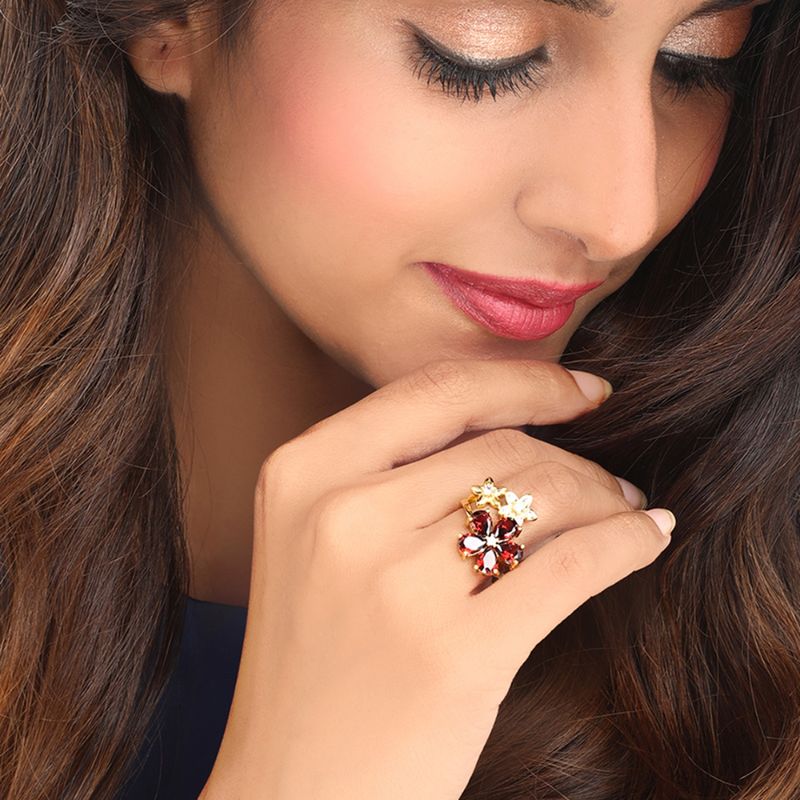 Buy Yellow Chimes Gold-toned Crystal Red Floral Shaped Finger Ring Online