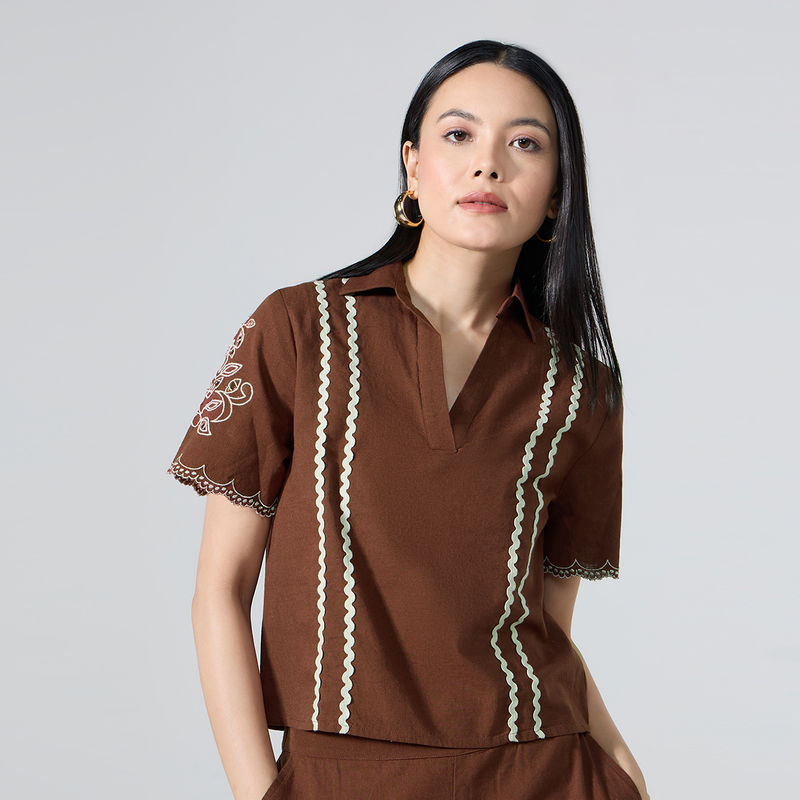 Buy Twenty Dresses by Nykaa Fashion Brown Embroidered Collared Half ...