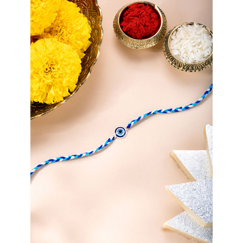 Buy Peora Sterling Silver Blue Evil Eye Studded Rakhi with Roli Chawal & Greeting Card Online
