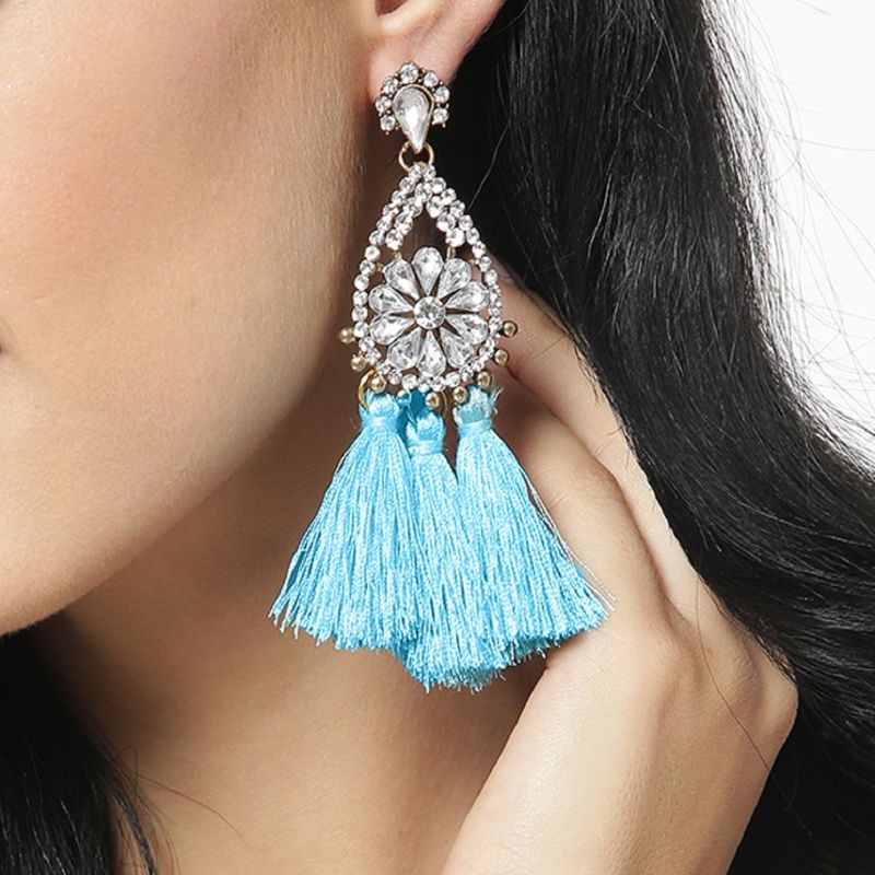 Buy Fabula Blue Tassel & Crystal Chandelier Drop Earrings Online Buy Fabula Blue Tassel & Crystal Chandelier Drop Earrings Online