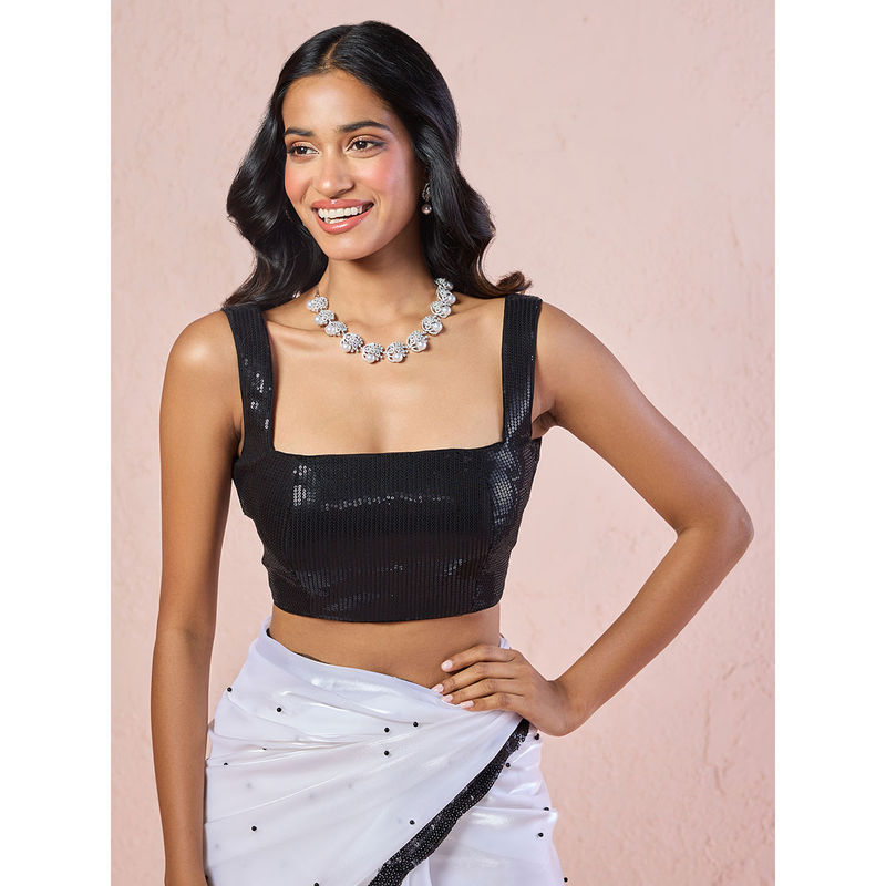 Buy Gajra Gang Shimmer Black Sequinned Wide Square Neck Strappy Blouse ...