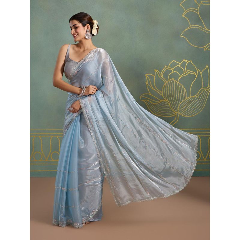Buy Likha Chiffon Organza Blend All Over Embellished Ice Blue Saree ...