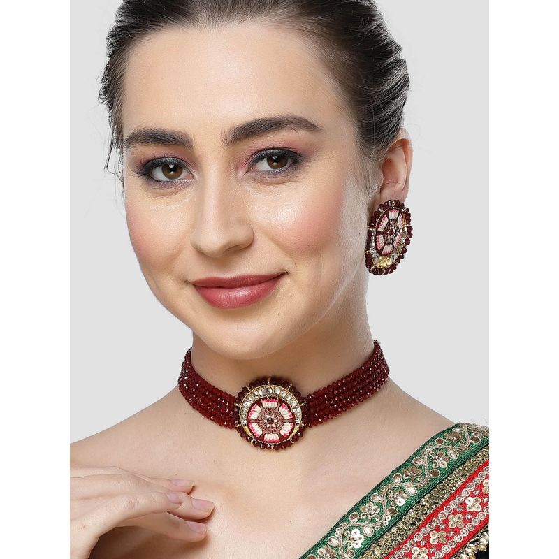 Buy Karatcart Maroon Meena Lotus Design Crystal Choker Necklace Set for ...