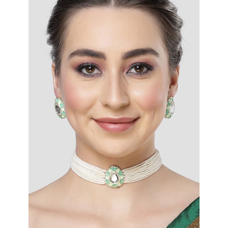 Buy Karatcart Green Meena Drop Shape White Moti Choker Necklace Set for ...