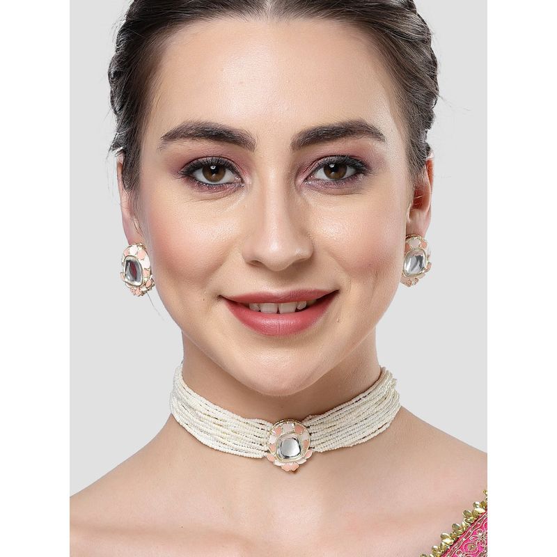 Buy Karatcart Peach Meena White Moti Choker Necklace Set for Women Online
