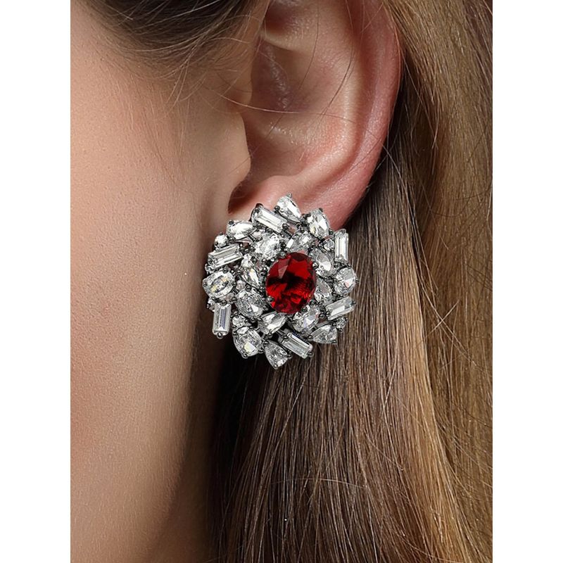 Buy Karatcart Black Silver Plated Red Oval Cubic Zirconia Floral Stud ...