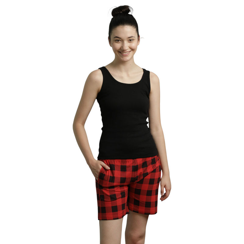 Buy VIEVIANA Cotton Nightwear Black Tank Top & Red Shorts (Set of 2) Online