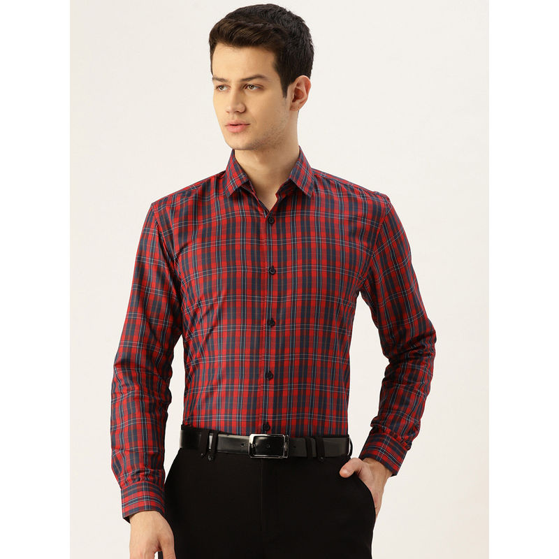 Buy SOJANYA Mens Cotton Red & Navy Blue Checked Formal Shirt Online