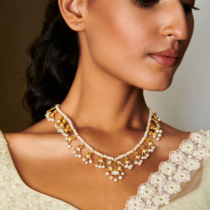 Buy ZARIIN 22KT Gold Dipped in White Enamel Lotus Drops Pearl Necklace ...