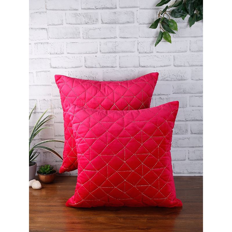 Buy eyda Super Soft Velvet Fuchsia Color Set Of 2 Quilted Cushion Cover ...