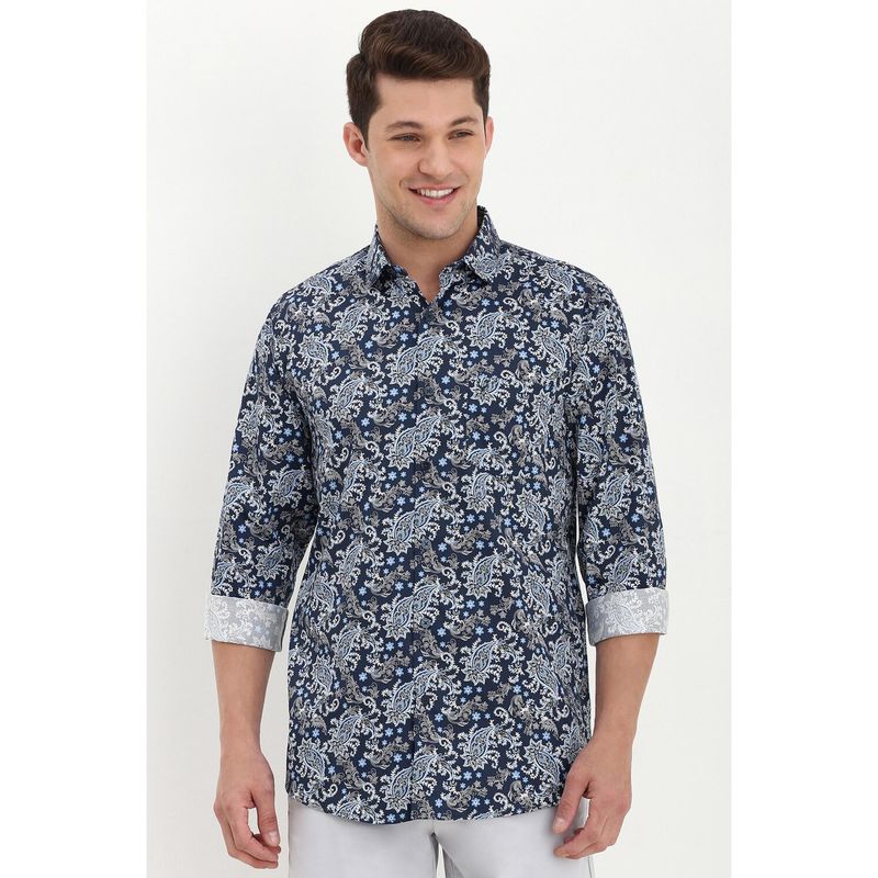 Buy Allen Solly Men Navy Blue Slim Paisley Print Full Sleeves Casual ...